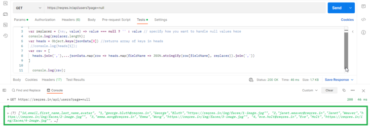 Converting a Uniform Arrayed JSON Response to CSV Format in Postman / Blogs / Perficient